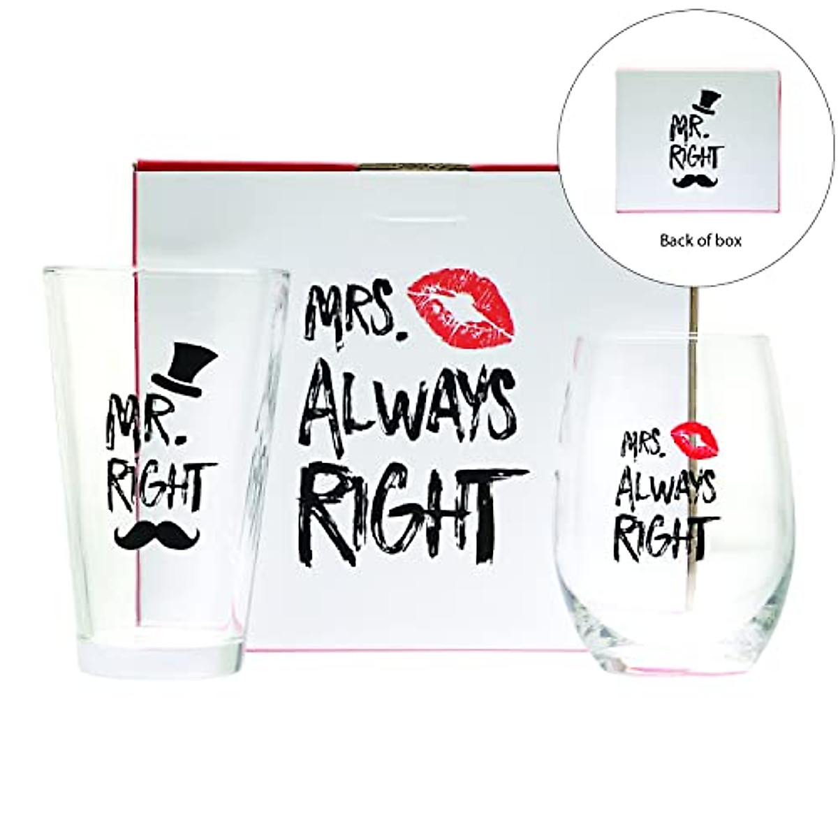 Funny Mr. Right and Mrs. Always Right Novelty Wine Glass and Beer Glass | Includes Fun, Stylish Gift Box | For Weddings, Engagement, Newlywed, Bachelorette, Anniversary, Couples Gifts