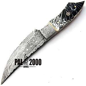 PAL 2000 HUNTING KNIVES KNI-9399 Handmade Damascus Steel Bowie Knife With Leather Sheath