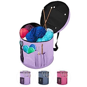 Bins & Things Knitting Bag Yarn Storage - Crochet Bag for Knitting & Crochet Bags with 2 External Pockets - Durable Natural Fabric - Big Capacity Yarn Bag - Puple Yarn Organizers and Storage