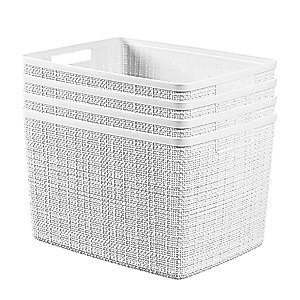 Curver Set of 4 Jute Large Decorative Plastic Organization and Storage Baskets Perfect Bins for Home Office, Closet Shelves, Kitchen Pantry and All Bedroom Essentials, White, 4