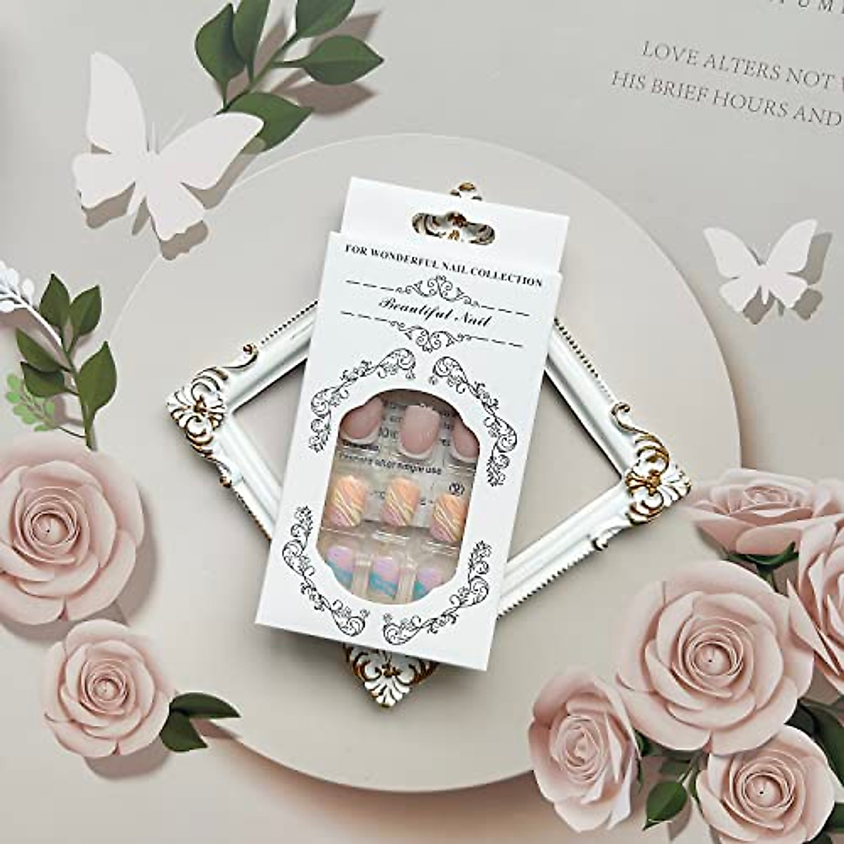 Square Press on Nails Short French Fake Nails Acrylic Glossy False Nails with Colored lines Designs Full Cover Glue on Nails Stick on Nails French Tip Reuseable Nails for Women