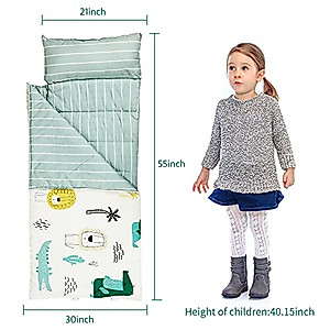 NEDVI Toddler Nap Mat with Carry Bag,Sleeping Bag with Removable Pillow,Measure 55x 21 x 1.5 Inches,Toddler Travel Bed,Lightweight - Cotton Soft,for Preschool, Daycare, Camping- Crocodile