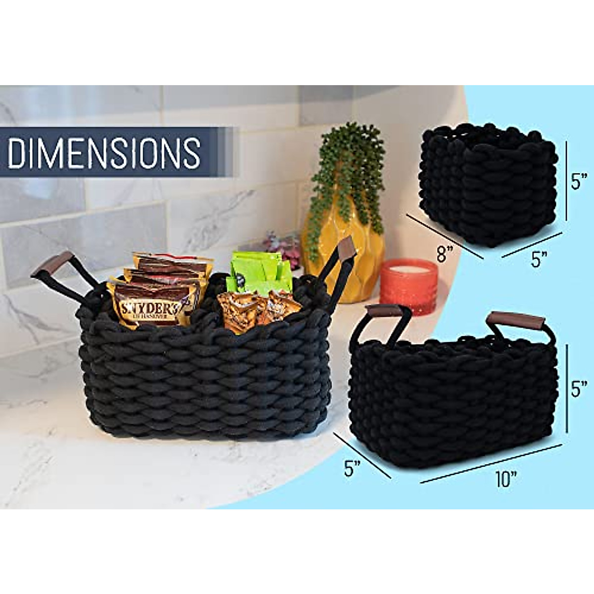 Nat & Jules Thick Woven 12 x 10 Polyester Knit Nesting Baskets Set of 3 - Organize Your Home Linen Closet, Storage Shelves, Bathroom Cabinets or Living Room in Style, Black