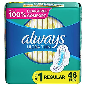 Always Ultra Thin, Feminine Pads For Women, Size 1 Regular Absorbency, With Wings, Unscented, 46 Count