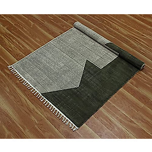 Casavani Hand Made Cotton Dhurrie Geometric Green & Beige Tassel Rug Easy Care Washable Rugs for Doormat Entryway Living Room Bedroom Hallway Balcony 6x12 Feet Runner