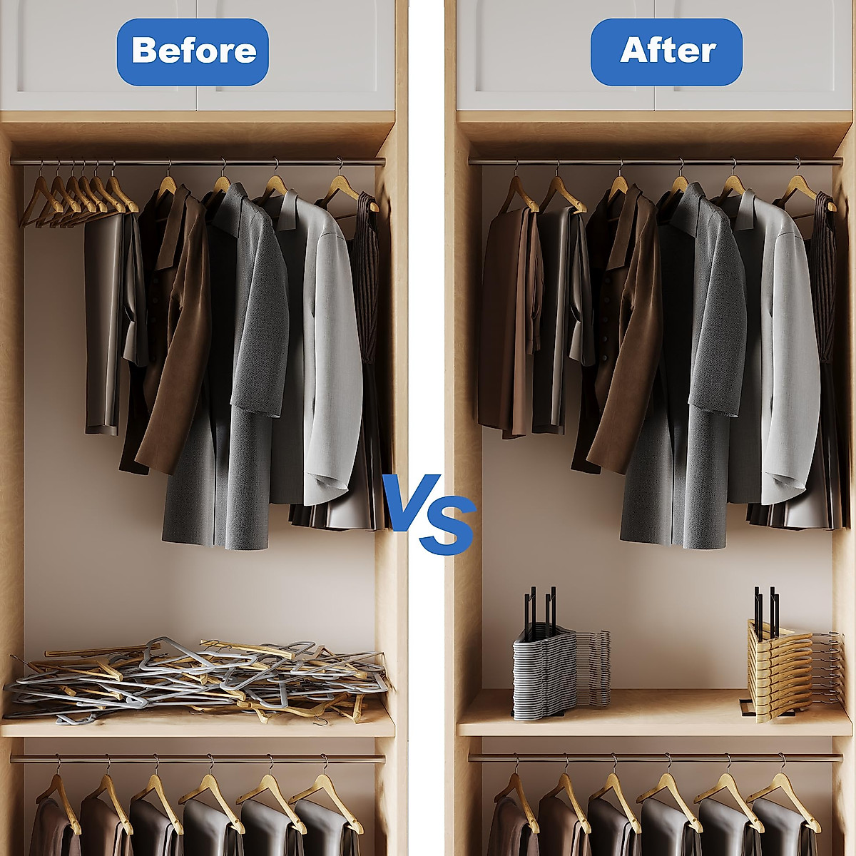 Thipoten Hanger Organizer, Adjustable Metal Hanger Stacker for Adults and Children, Holding up to 55 velvet/wire/plastic hangers, Perfect Space Saver for Closet Laundry Room (Black, 2Pack)