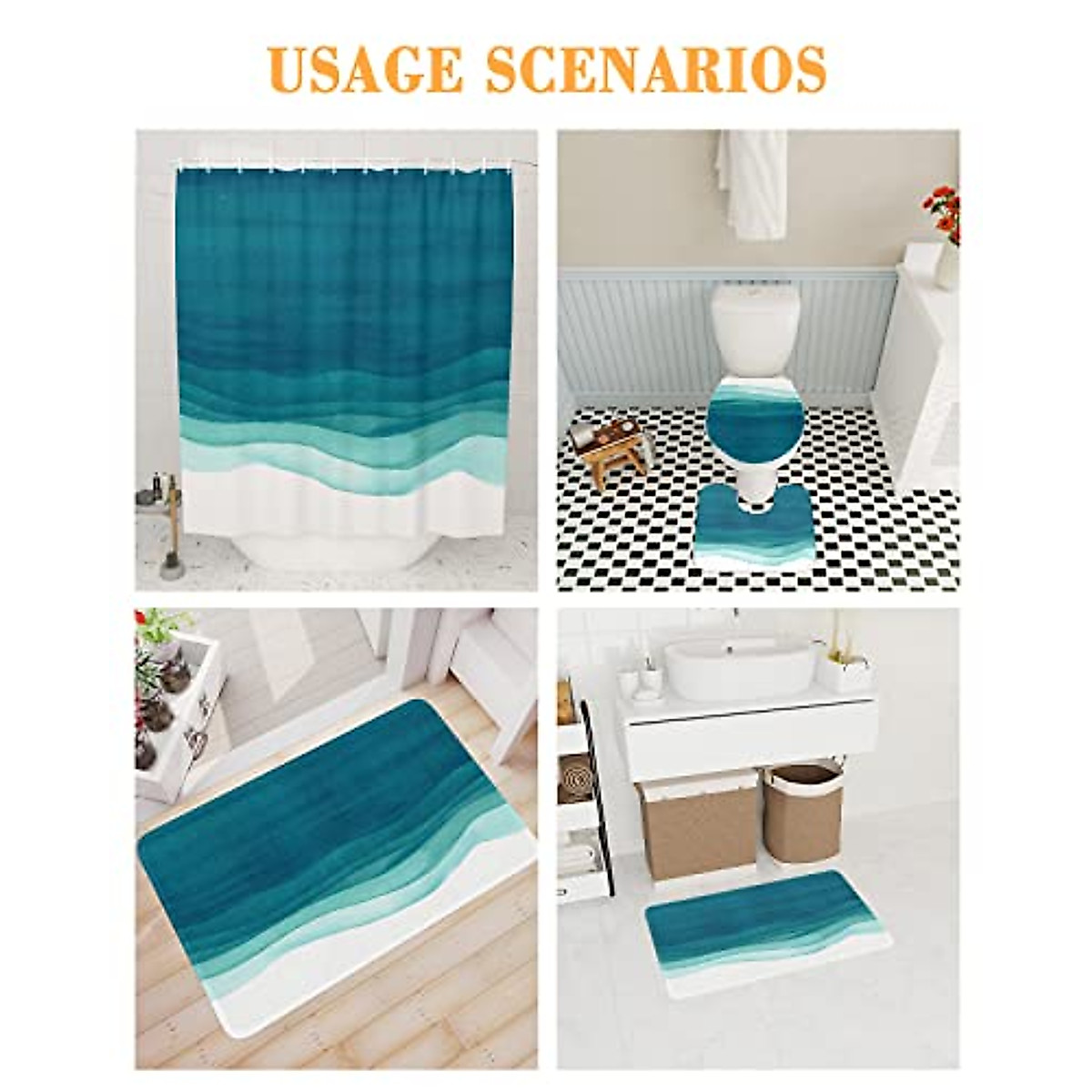 4 Pcs Shower Curtain Set with 12 Hooks Watercolor Teal and White Gradient Bathroom Sets with Non-Slip Bath Mat Toilet Lid Cover Waterproof Durable Shower Curtain and Rugs