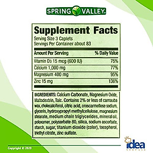 Spring Valley Calcium, Magnesium and Zinc Plus Vitamin D3 Coated Caplets, 250 Ct (2 Pack) Bundle With Exclusive "Vitamins & Minerals A to Z" - Better Idea Guide (3 Items)