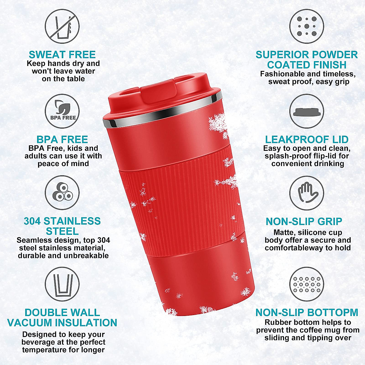 YINJOYI 17oz Travel Coffee Cups Insulated Mug Thermal Tumbler to Go with Lid Leak Proof Reusable Stainless Steel Coffee Mug Spill Proof for Hot and Iced Cold Drinks (Red, 510ml)