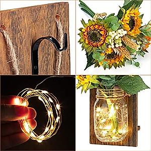 Adeeing Mason Jar Wall Decor, Rustic Wall Sconces with LED Lights Remote Control, Farmhouse Hanging Decorative Sconce Jars for Living Room, Hallway, Bedroom (Sunflowers Set of 2)