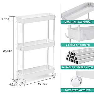 TOOLF Slim Rolling Storage Cart, 3 Tier Utility Cart on Wheels with Hooks, Bathroom Rolling Cart Organizer, Thin Mobile Shelving Unit for Laundry Kitchen Dorm for Nursery Diaper Craft Snack, White