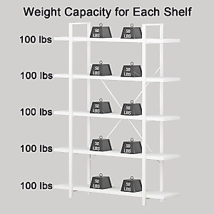 HSH 5 Tier Tall White Bookshelf, Metal and Wood Storage Book Shelves for Bedroom Living Room Office, Modern Large White Bookcases and Bookshelves 5 Shelf, Farmhouse Open Vertical Display Book Shelf