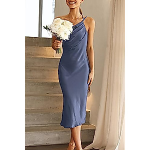 PRETTYGARDEN Women's Midi Satin Dress One Shoulder Spaghetti Strap Backless Ruched Summer Bodycon Dresses (Dark Grey Blue,Small)
