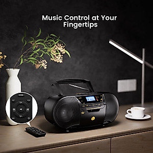 Boom Box CD and Cassette Tape Player, Hernpark Rechargeable CD Tape Player with Remote Control, Bluetooth, FM Radio, Sleep Mode, Stereo Sound, EQ Mode, USB Drive, Aux/Headphones Jack (Black)