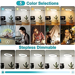 TOMSOO 5X Magnifying Glass with Light and Clamp, 5 Color Modes Stepless Dimmable Lighted Magnifier with Stand, Flexible Gooseneck LED Desk Lamp Hands Free for Craft Painting Hobby Close Work