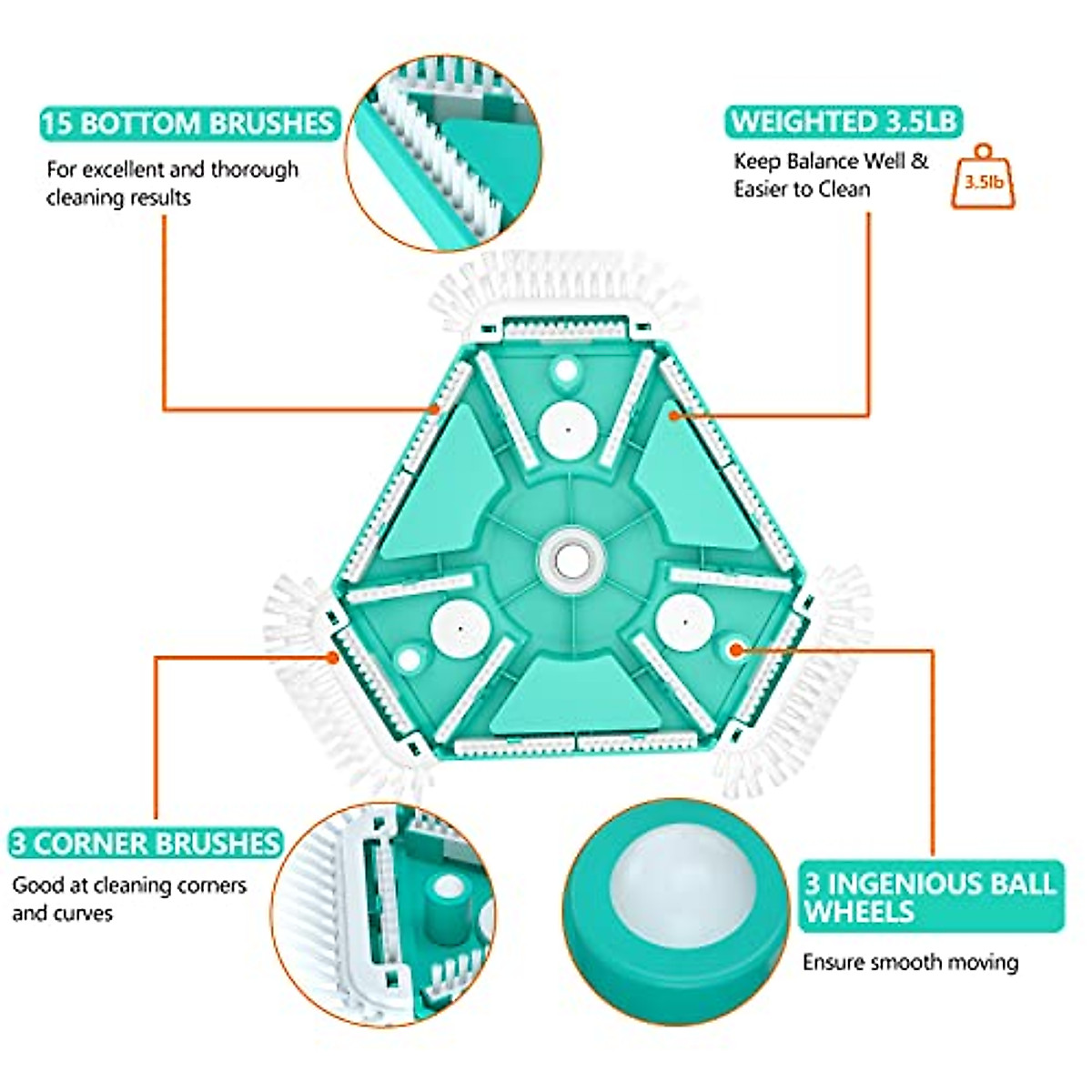 POOLKEY Upgraded Heavy Duty Pool Vacuum Head, Deluxe 15'' Triangular Shape with 18 Bottom & Corner Brushes, Wheels, 360° Rotatable Pole Connector Pool Vacuum Head for Above Ground Pool Inground Pools