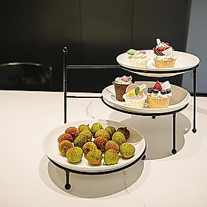HPC Decor 3 Tiered Serving Stand w/White Porcelain Plates- Foldable Swivel Food Display Stand for Party Buffet-Dessert Display Server- 10in Tier Serving Trays with Black Metal Stand for Entertaining