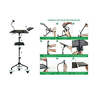 Asltoy Projector Tripod Stand with Wheels Adjustable Height Laptop Tripod Stand Treadmill Laptop Stand with 2 Shelves Mouse Tray Phone Holder Projector Tripod Music Stand Office Home Portable Laptop Floor Stand