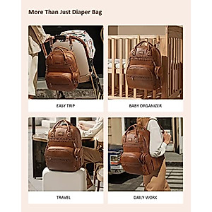 Leather Baby Diaper Bag Backpack with Portable Travel Changing Pad Girl Boy, Large Dad Brown Diaper Bags Pacifier Case Stroller Straps, Baby Registry Search Shower Gifts Stuff Newborn Must Haves