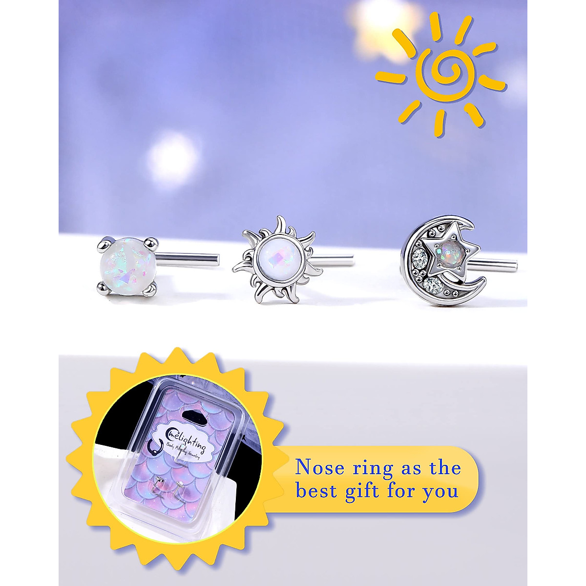 MeIighting Nose Rings 20G Moon Nose Studs Stainless Steel 316L Sun Nose Piercing Jewelry L Shaped for Women Men Body Piercing Jewelry