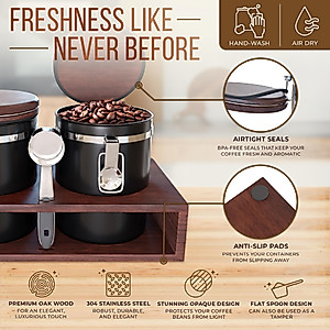 BrewBase - Premium Coffee Storage Containers with Airtight Oak-Wood Lids & Shelf + Scoop, 304 Stainless Coffee Bean Storage Organizer for Kitchen - Coffee Container for Ground Coffee Sugar & More