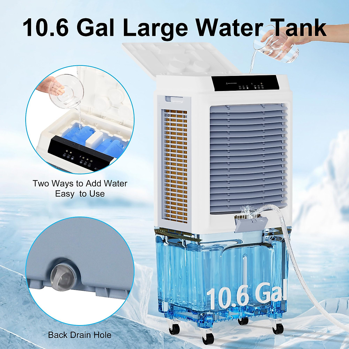 Landeagle Swamp Cooler, 3288CFM Evaporative Air Cooler with 10.6-Gal Water Tank, Evaporative Cooler with Water Level Alarm, 3 Speeds, 12H Timer, Air Cooler for Indoor Outdoor Patio Garage Use(42IN)