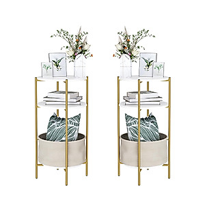 FINETONES Round End Table, 3-Tier Side Table Accent Table with Detachable Linen Basket and 2 Tier Storage Shelf, Modern Bedside Sofa Coffee Table for Living Room, Bedroom, White/Gold, 2 Tables