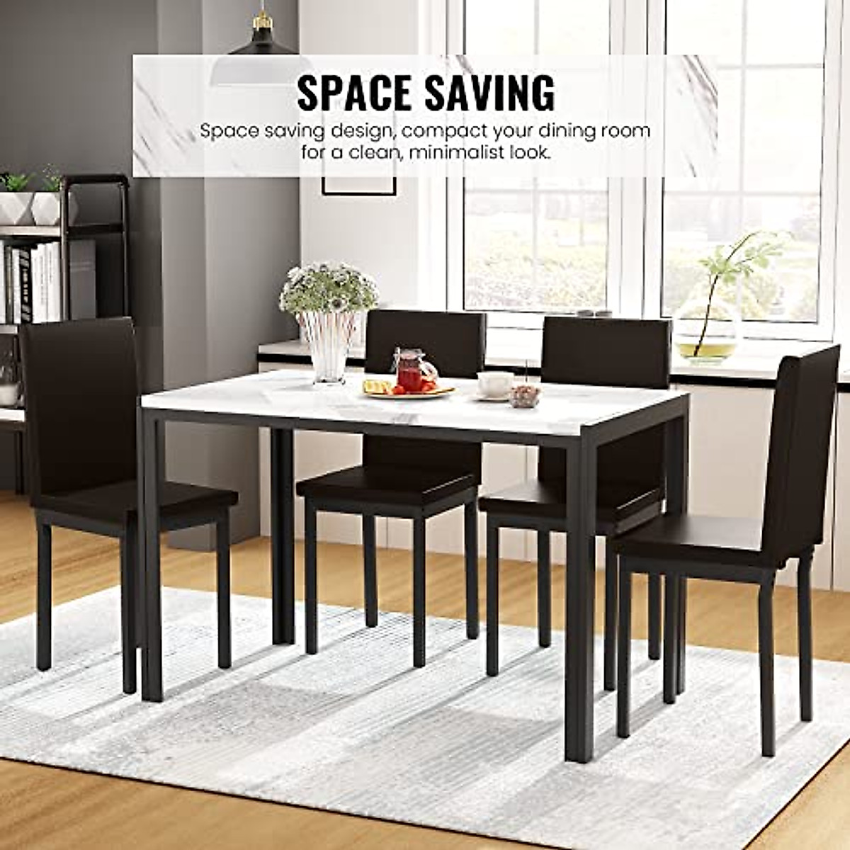 AWQM Dining Table Set for 4, Faux Marble Dining Room Table and Chairs Set, Rectangle Kitchen Table Set with Durable Metal Frame and Upholstered Chairs for Home, Kitchen, Restaurant, Apartroom - White