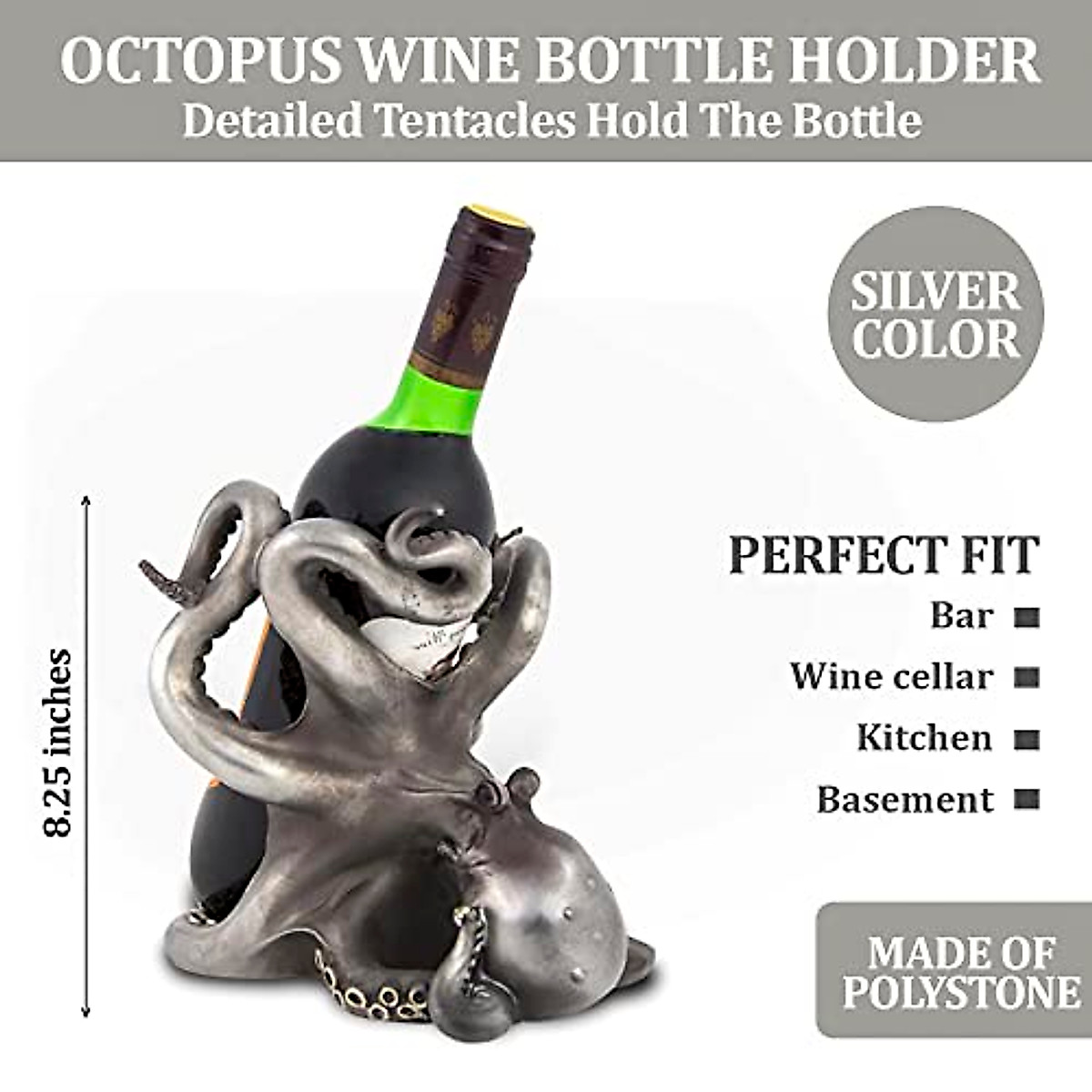 Octopus Wine Holder Figurine Countertop Bar Decor Octopus Sculpture Single Wine Holder (Sliver)