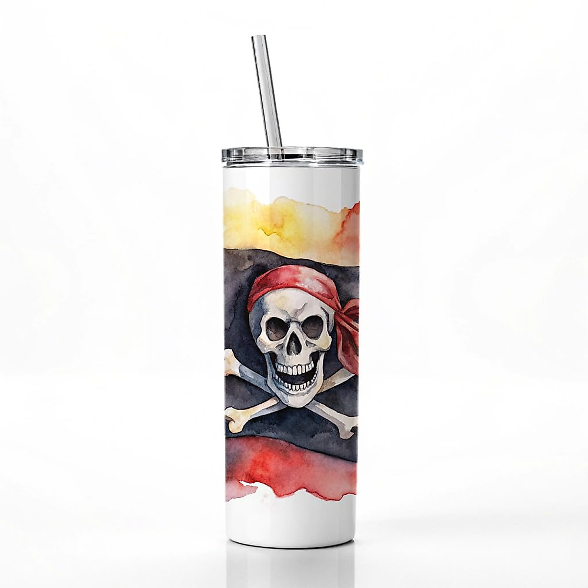 Pirate Jolly Roger Skull Crossbones Flag Watercolor Skinny Tumbler 20oz with Straw Insulated Water Bottle Gift