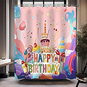 DLTAY Happy Birthday Shower Curtain, Birthday Cake Pattern Celebration Fete Day Birthday Party Decorations Gift Cute Pink Bathroom Decor Set with 12 Hooks, 72x72 inches