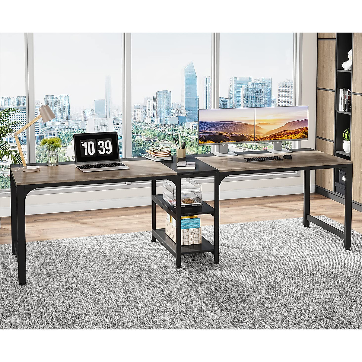 Tribesigns 90.55'' 2 Person Desk with Storage Shelves, Double Computer Desk with Spacious Desktop, Extra Long Study Writing Table Workstation for Home Office (Black & Gray)