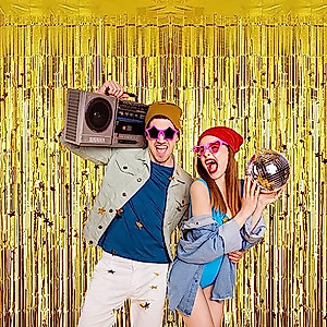 Gold Foil Fringe Curtain, 2PCS 3.28 x 8.2FT Metallic Photo Booth Backdrop Tinsel Door Curtains for Wedding Birthday Engagement Disco Bachelorette Party Decorations
