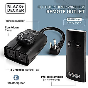 BLACK+DECKER Wireless Outdoor Timer Outlet with Remote, 2 Grounded Outlets, Photocell Sensor