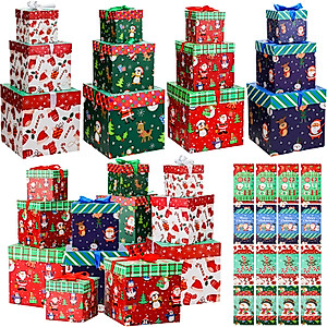 Tenceur 8 Sets Christmas Nesting Gift Boxes with Lids 3 Assorted Sizes Stackable Nested Xmas Boxes with Bows Decorative Stacking Square Present Box for Xmas Holiday Gift, 4 Styles