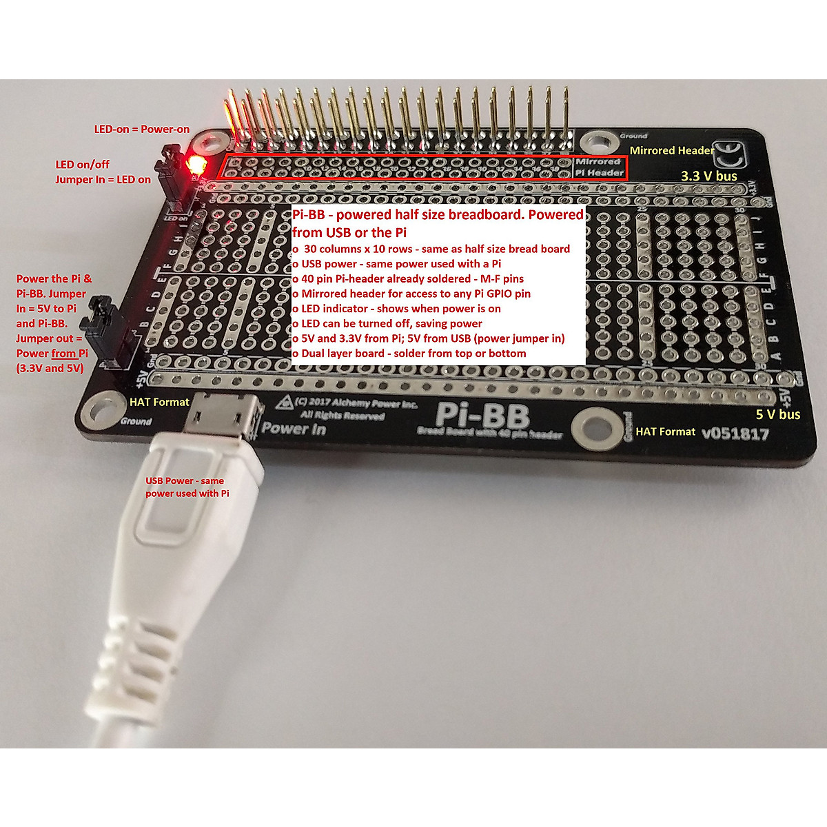 Alchemy Power Inc. Pi-BB - Half-Size Double Sided Powered breadboard, USB Powered with a 40 pin Header soldered. Powers a Raspberry Pi or just The Bread Board.