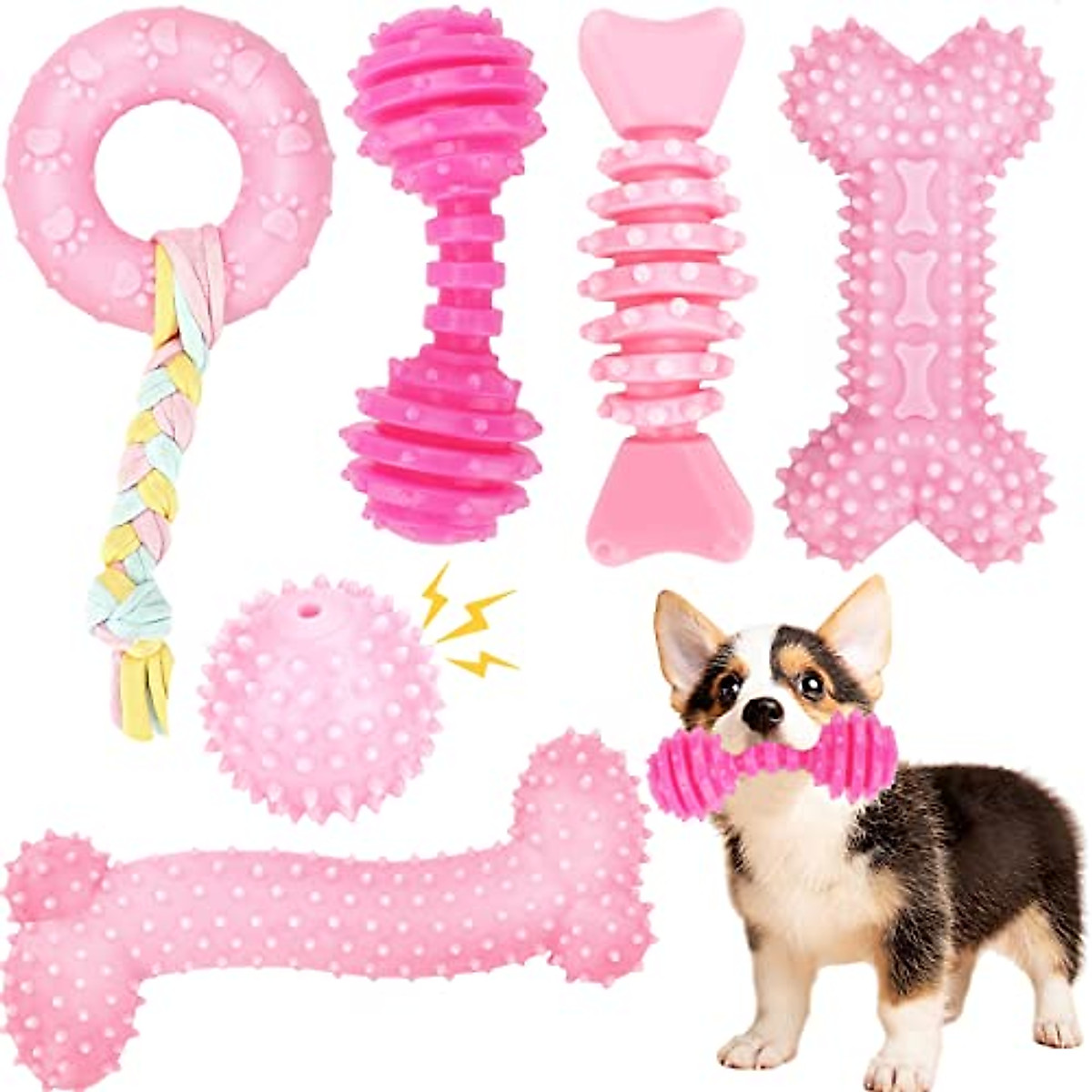 CGBD Puppy Toys, 6 Pack Dog Chew Toys for Puppy Teething Cute Pink Dog Toys for Small Breed Puppies Teething Toys for Cleaning Teeth Outdoor Interactive Toy Soft Durable Puppy Chew Toys for Small Dogs