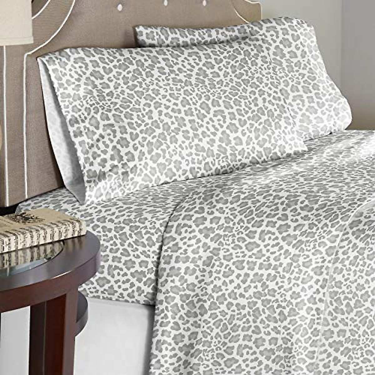 Pointehaven 180 GSM Velvet Feel Luxury Cotton Printed Flannel Sheet Set, Cal King, Leopard