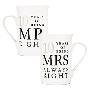 Haysoms Ivory 10th Anniversary Mr Right & Mrs Always Right Ceramic Mugs Gift Set Thoughtful and Unique Gift Idea Dishwasher and Microwave Safe
