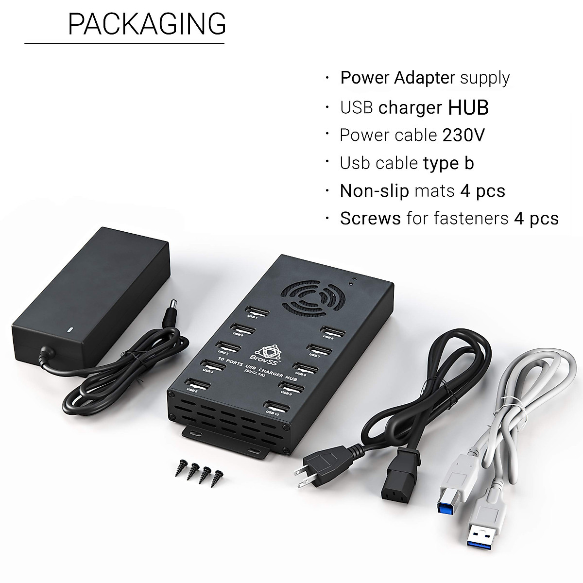 BrovSS: 10 Ports USB 2.0 Powered Hub - USB Extension Splitter with 12V 5A 60W Power Adapter. Plug and Play Installation. Connect up to 10 Electronics and USB peripherals (Black)