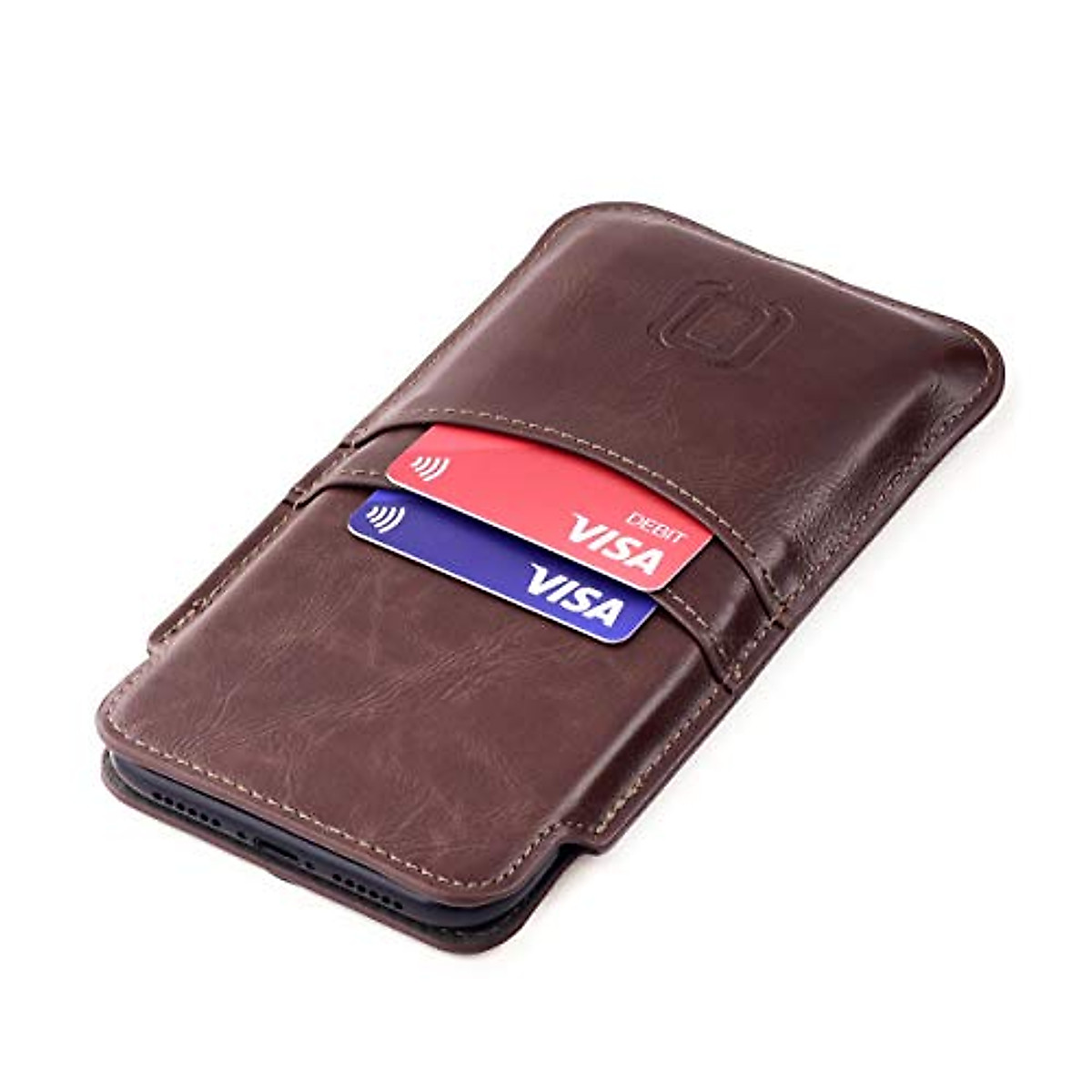 Dockem Provincial Wallet Sleeve for iPhone 14, 14 Pro, 13, 13 Pro, 12, 12 Pro, iPhone 11 & XR (6.1"): Slim Vintage PU Leather Cover with 2 Card Holder Slots: Professional Executive Pouch Case [Brown]