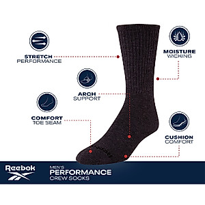 Reebok Men's Cushioned Comfort Athletic Performance High Crew Socks (5 Pack), Size 6-12.5, Charcoal Black