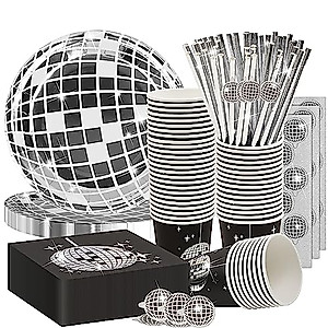 70s Disco Party Supplies Includes 50 Pcs Silver Disco Ball Paper Dinner Plates 50 Pcs Disco Party Cocktail Napkins 50 Pcs Disco Paper Cups 50 Pcs Straws Set for Disco Wedding Birthday Party Picnic