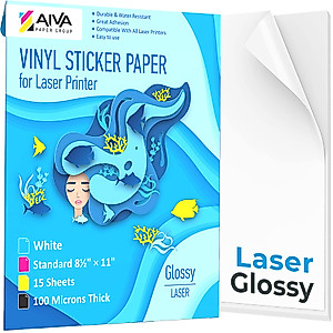 Printable Vinyl Sticker Paper for Laser Printer - Glossy White - 15 Self-Adhesive Sheets - Waterproof Decal Paper - Standard Letter Size 8.5"x11"