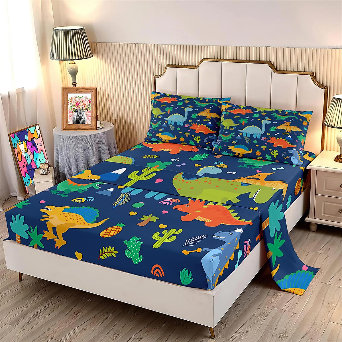 Dinosaur Sheet Set Twin - 3Pcs Boys Dinosaur Twin Size Bedding Set Blue Cartoon Dinosaur Bed Sheet with 1 Fitted Sheet & 1 Flat Sheet + 1 Pillowcase Toddler Bed Sheets for Boys Kids Bedroom Set