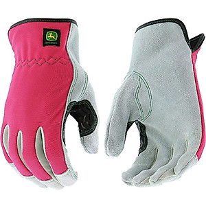 John Deere JD00016-WSM Split Cowhide Leather Gloves - [1 Pair] Small/Medium Women’s Work Gloves, Pink Black