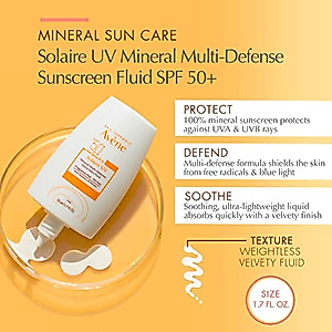 Eau Thermale Avène Solaire UV Mineral Multi-Defense Sunscreen Fluid SPF 50+ - Non-Whitening - Antioxidant & Blue Light Protection - 1.7 fl. oz.