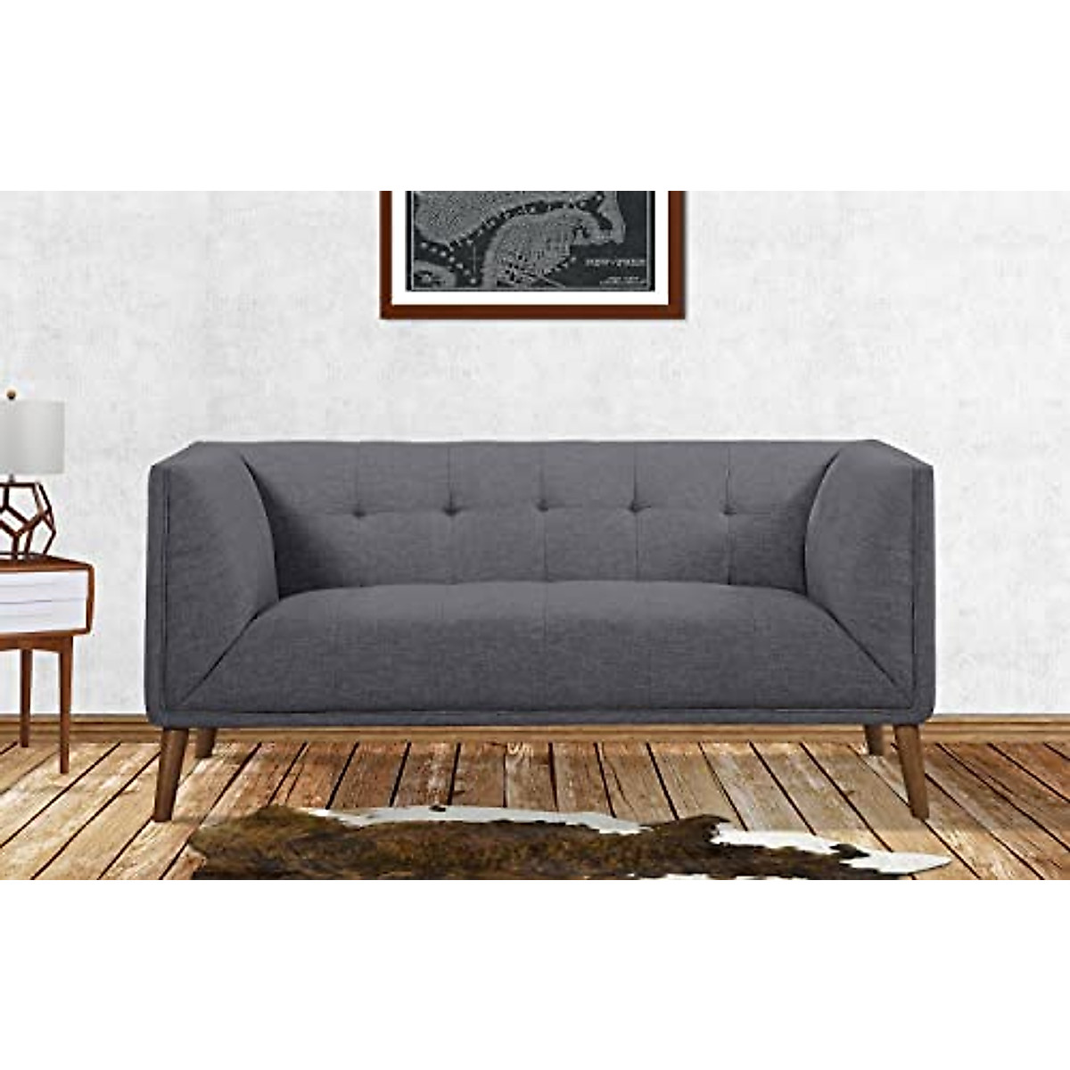 Armen Living Hudson Loveseat in Dark Grey Linen and Walnut Wood Finish