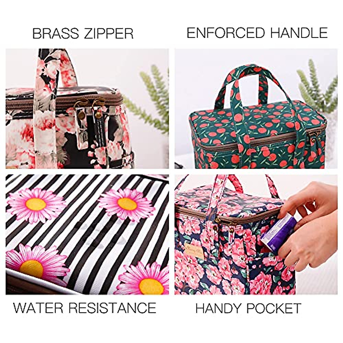 Kwang Min Floral Insulated Lunch Bag for Women,Reusable Lunch Box,Large Cooler for School,Office,Picnic Outdoors,Premium Waterproof Fabric,Ideal Gift for Girls/Adults (Peony Blue)