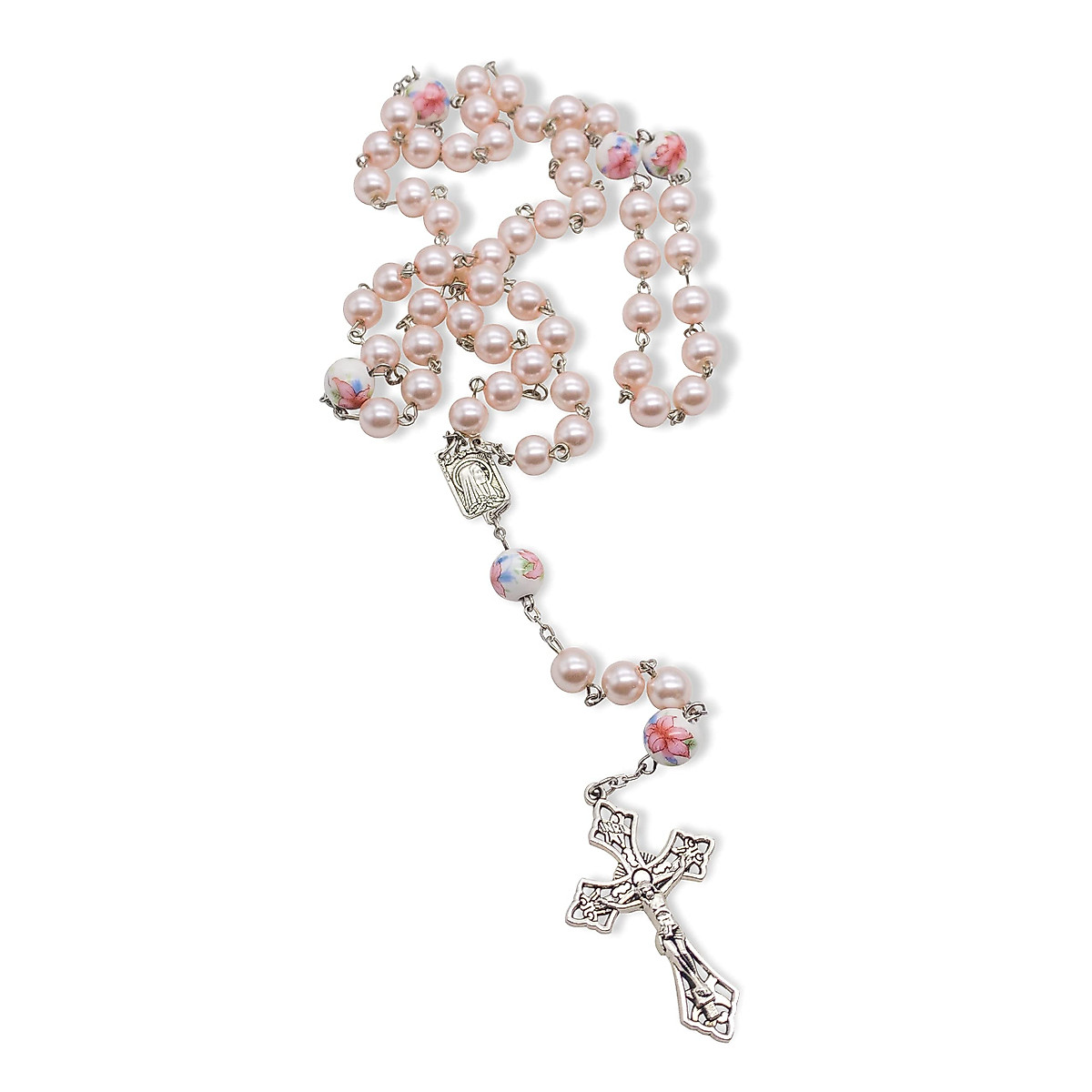 Nazareth Store Pink Pearl Beads Rosary White Flowers Beaded Necklace Lourdes Medal & Cross Crucifix